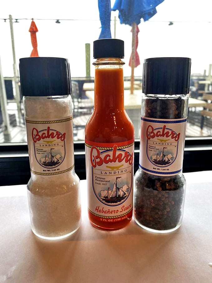 The holy trinity of Bahrs condiments—salt, hot sauce, and pepper. Like the seafood equivalent of bringing your own pit crew to enhance your dining experience.