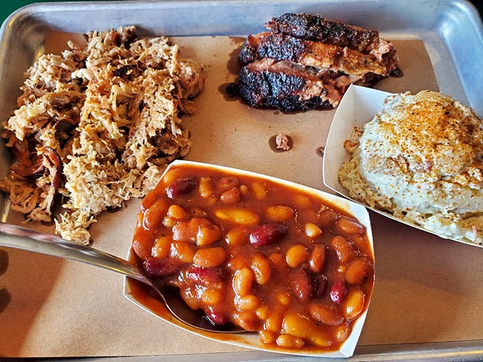 The barbecue sampler that launched a thousand food pilgrimages. That pulled pork has the ideal bark-to-meat ratio—nature's perfect balance.