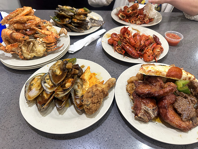 Victory looks like this—plates triumphantly assembled with treasures from every corner of the buffet kingdom, a testament to both appetite and ambition.