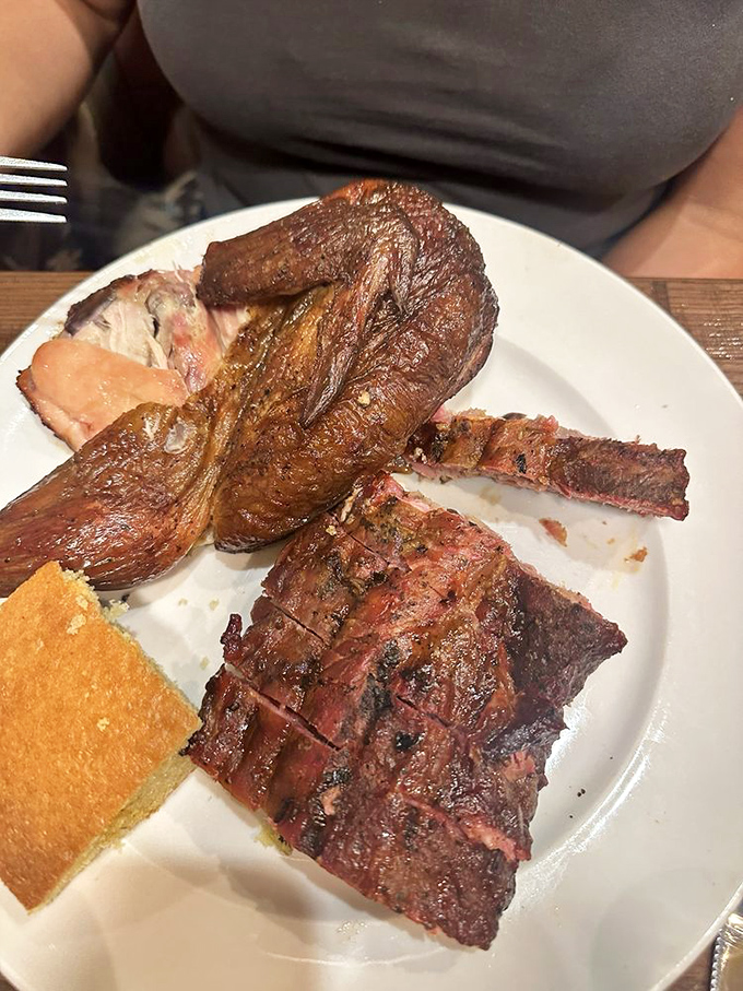 The chicken and ribs combo – for when making decisions is too hard and FOMO is real. That cornbread alone is worth the drive.
