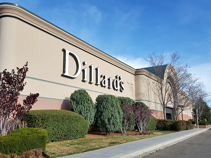 Every small town needs its shopping fix. Dillard's sits among manicured shrubs, proof that even frontier towns appreciate a good department store.