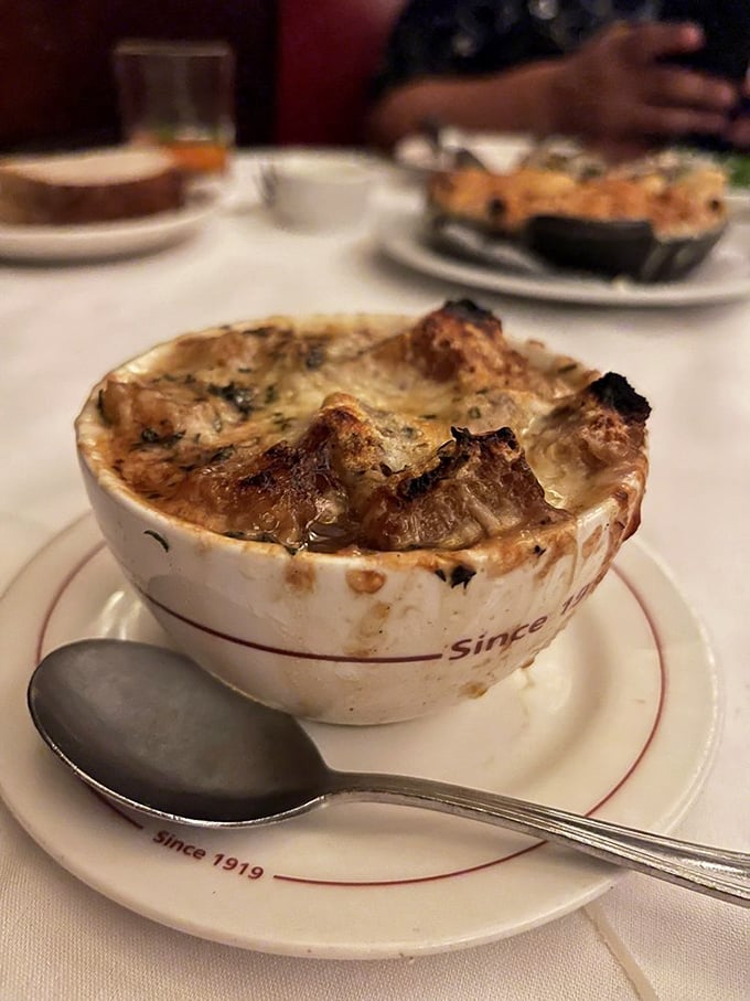 French onion soup that's achieved the perfect cheese-to-broth ratio—a bubbling masterpiece that's worth the inevitable chin dribble.