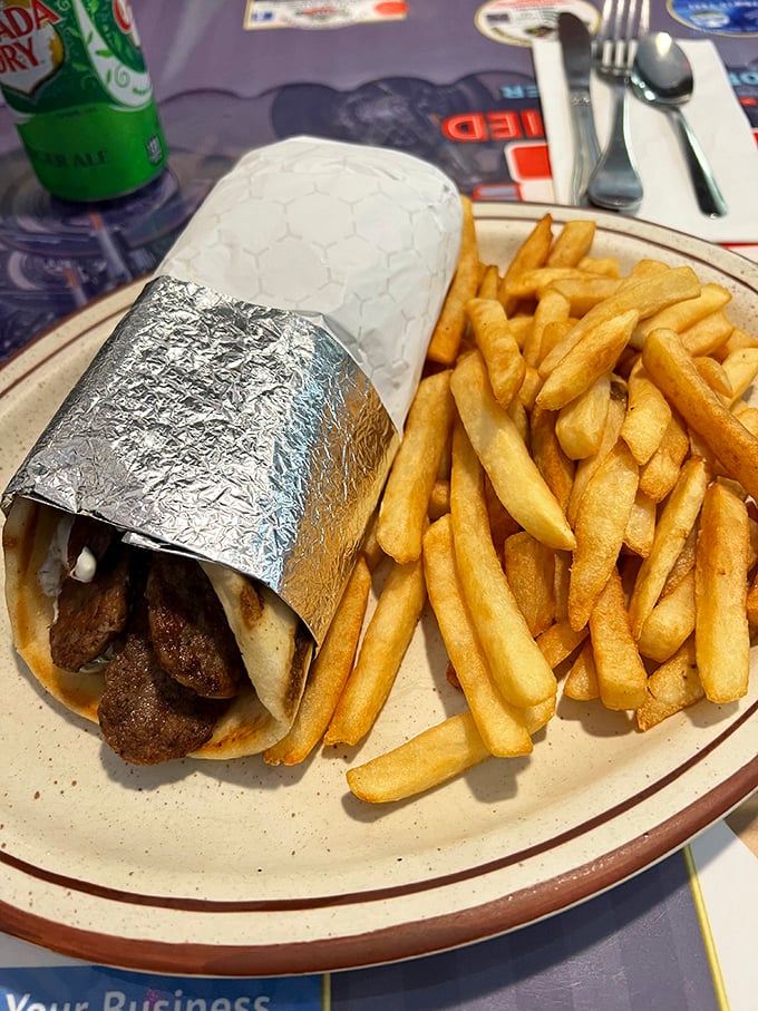 The gyro wrap—where seasoned meat meets warm pita in a foil-wrapped romance. Those fries aren't just a side; they're supporting characters in this Mediterranean drama.