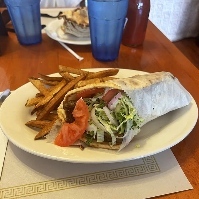 The gyro sandwich plate—where the sandwich is the main event but those golden fries are determined to steal the spotlight.