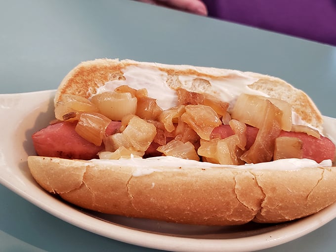 When a hot dog gets the royal treatment—crowned with caramelized onions and nestled in a perfectly toasted bun. Poetry in portable form.