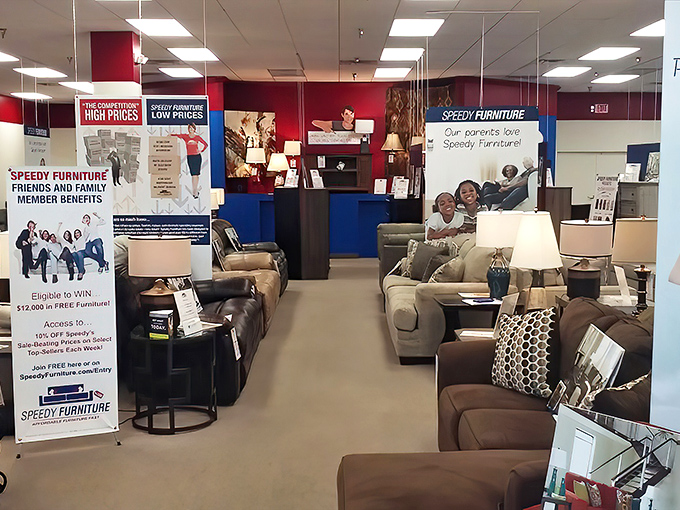 The "Friends and Family" banner isn't just marketing—it's the vibe of the whole place. Furniture shopping without the pressure cooker atmosphere.