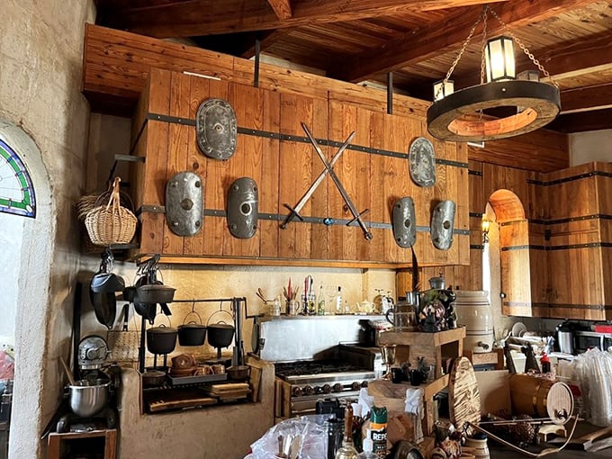 The castle kitchen where medieval meets modern – those hanging shields probably don't help with the cooking, but they look impressive!