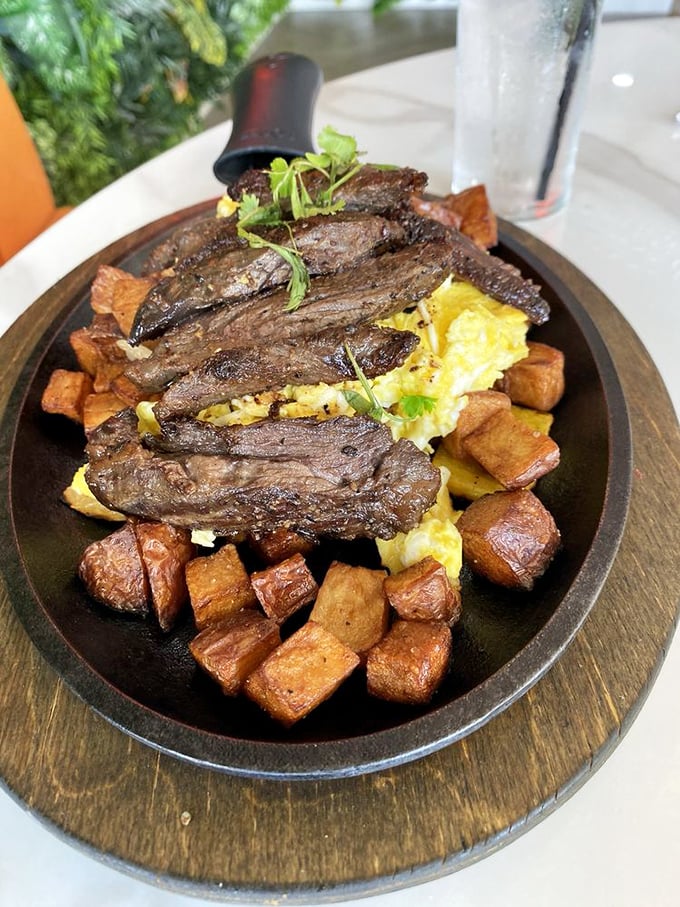 This steak and eggs situation isn't just breakfast—it's a declaration that your day deserves to start with serious protein and perfectly cubed potatoes.