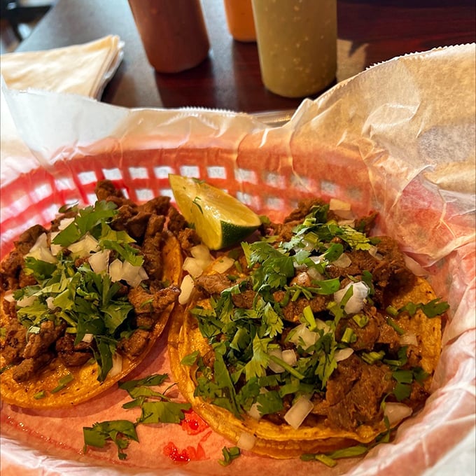 These steak tacos arrive looking like they just posed for a food magazine cover shoot. The lime wedge isn't garnish—it's the perfect finishing touch.