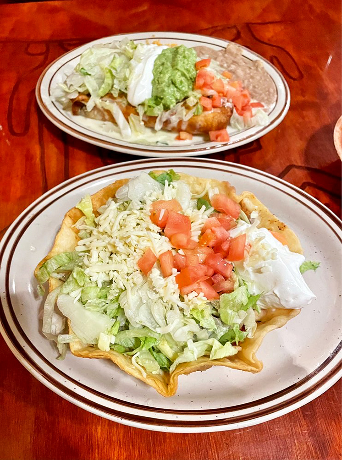 Crispy taco bowls: where salad pretends to be healthy until guacamole, cheese, and all the good stuff crash the party.