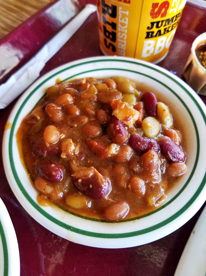 These beans have more character development than most Netflix series – multiple varieties swimming in a sauce that's been simmering since breakfast.