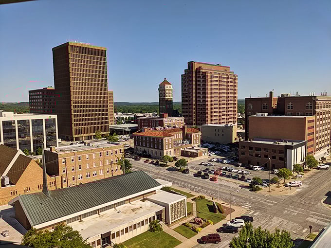 Bartlesville's downtown skyline at golden hour – where Frank Lloyd Wright's vision meets oil boom prosperity in an architectural tango.
