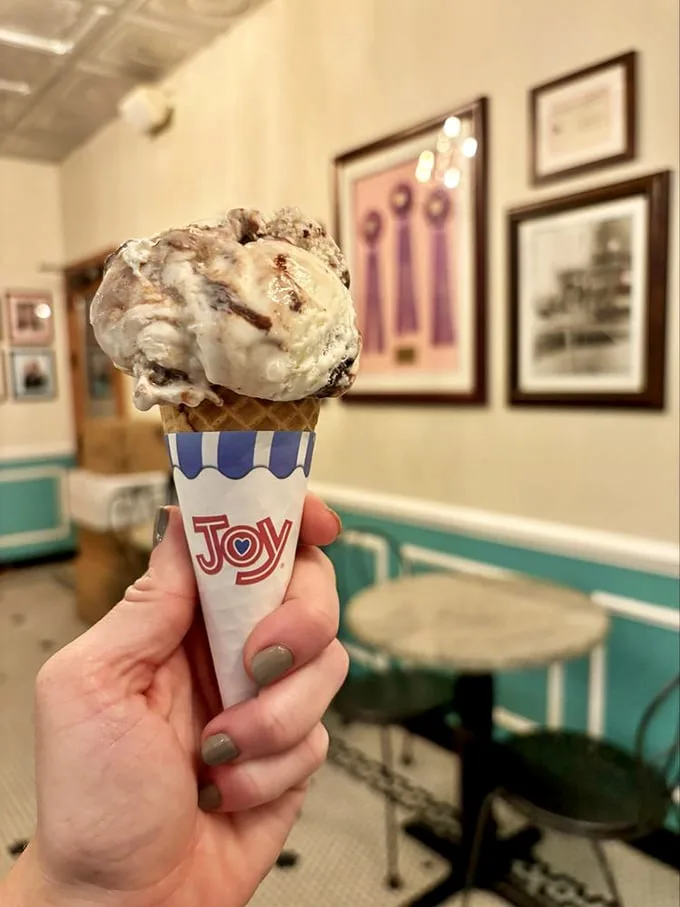 Every cone should aspire to this level of commitment—ice cream, whipped cream, and a cherry, creating the dessert equivalent of a standing ovation.