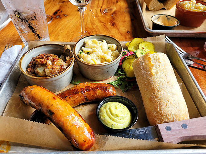 This sausage presentation isn't just a meal—it's a love letter to German craftsmanship, where every bite offers that perfect snap we secretly crave.