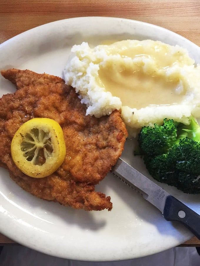 A golden-fried schnitzel that could make an Austrian grandmother weep with joy, paired with mashed potatoes that clearly weren't born from a box.