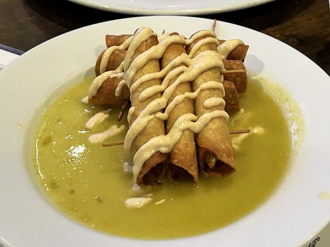These taquitos bring unexpected fusion flair to an authentically Irish menu – culinary diplomacy at its finest.