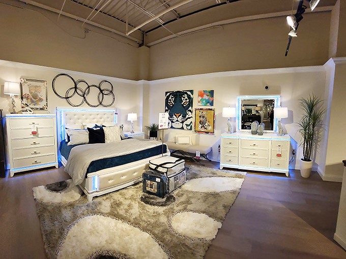 This gleaming white bedroom set with LED lighting isn't just furniture—it's what the Jetsons would buy if they shopped in Oklahoma.