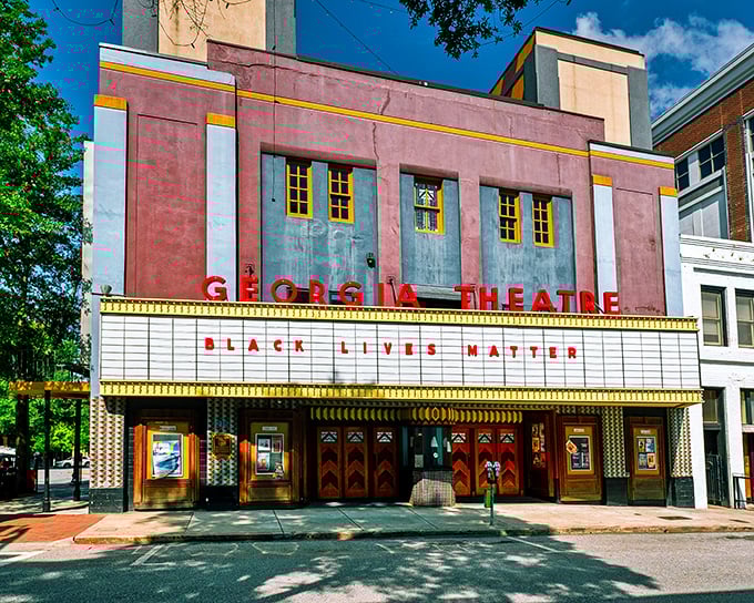 Athens' iconic Georgia Theatre marquee lights up the downtown – where music legends and budget-conscious retirees find common ground. 