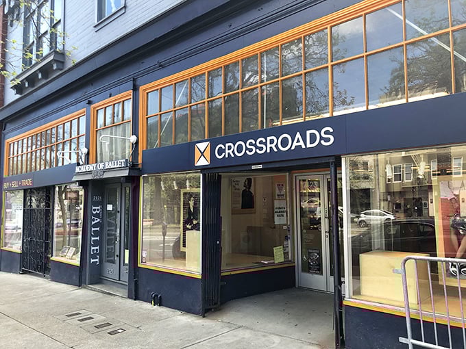 Nestled between ballet and bustle, Crossroads Trading's navy blue façade offers a sophisticated take on secondhand in San Francisco.