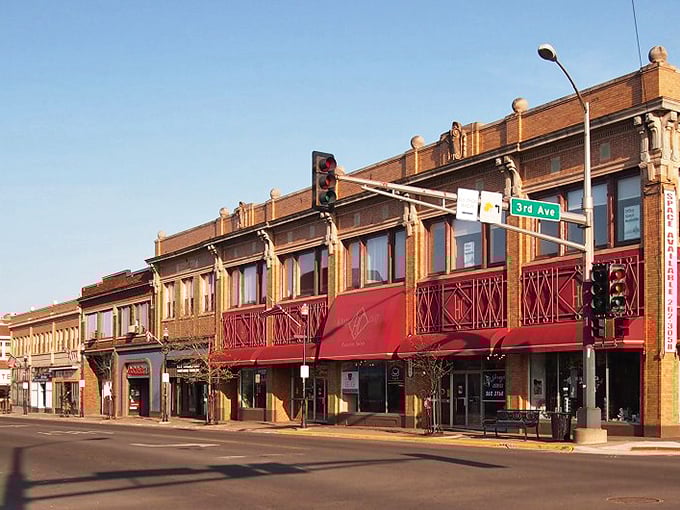 Hibbing's distinctive architecture reflects its mining heritage. Those red awnings add a splash of color to budget-friendly shopping.