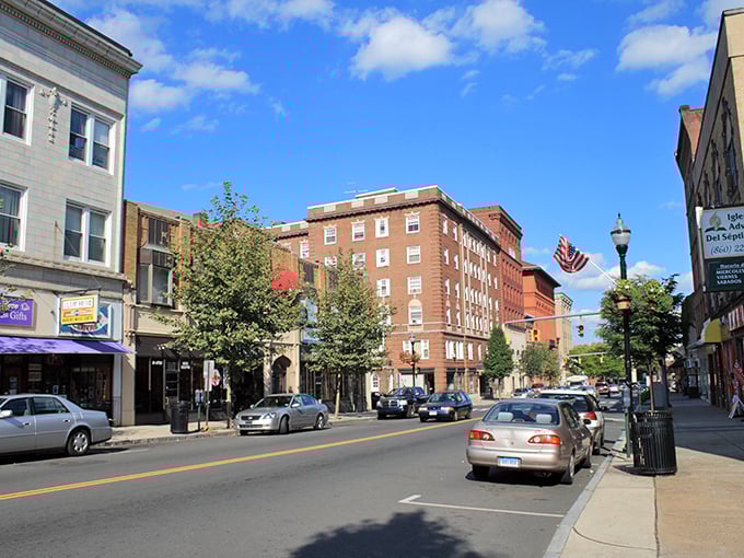 New Britain's downtown street reveals the city's architectural character, where historic buildings house local businesses.