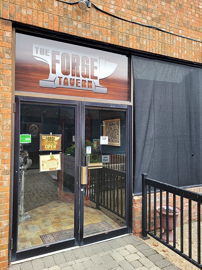 The Forge's entrance beckons brave knights and hungry hobbits alike. Medieval feasting awaits behind these doors!