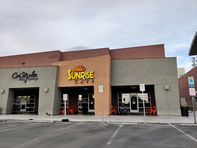 Sunrise Cafe sits unassumingly between neighbors, like that quiet friend who suddenly reveals they're a gourmet chef.