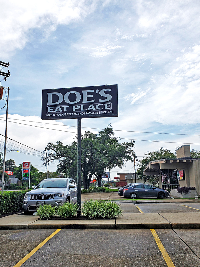 That sign has guided hungry Louisianians since 1941. "World Famous Steaks" isn't hype—it's historical fact.