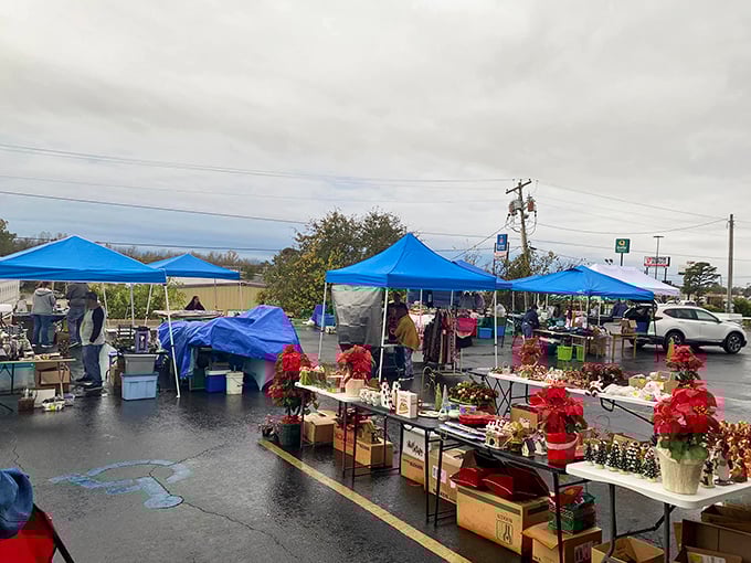 Blue tents in the parking lot mean the treasure hunt has spilled outdoors. Even the rain can't dampen the thrill of the find!