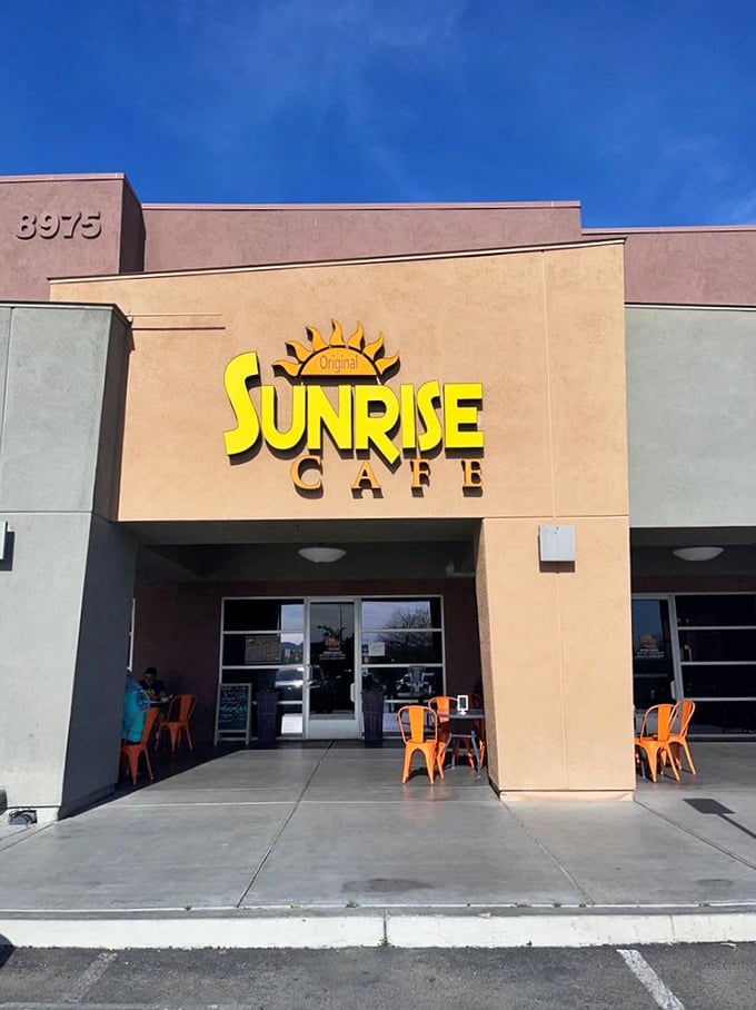 The bright desert sun highlights Sunrise Cafe's cheerful sign - a morning promise that's always kept on your plate.
