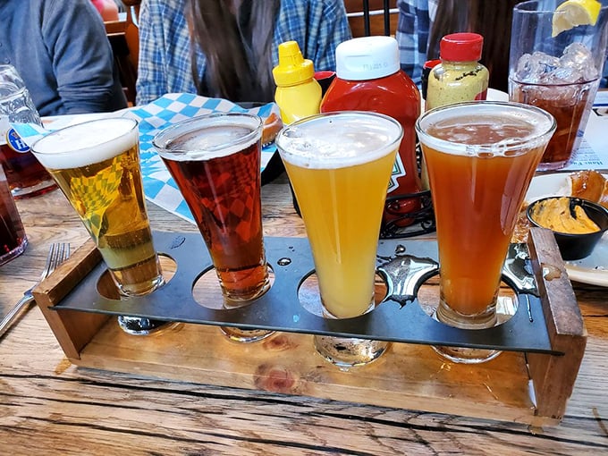 A beer flight that showcases every shade of amber to gold—like a sunset designed specifically for hop enthusiasts.