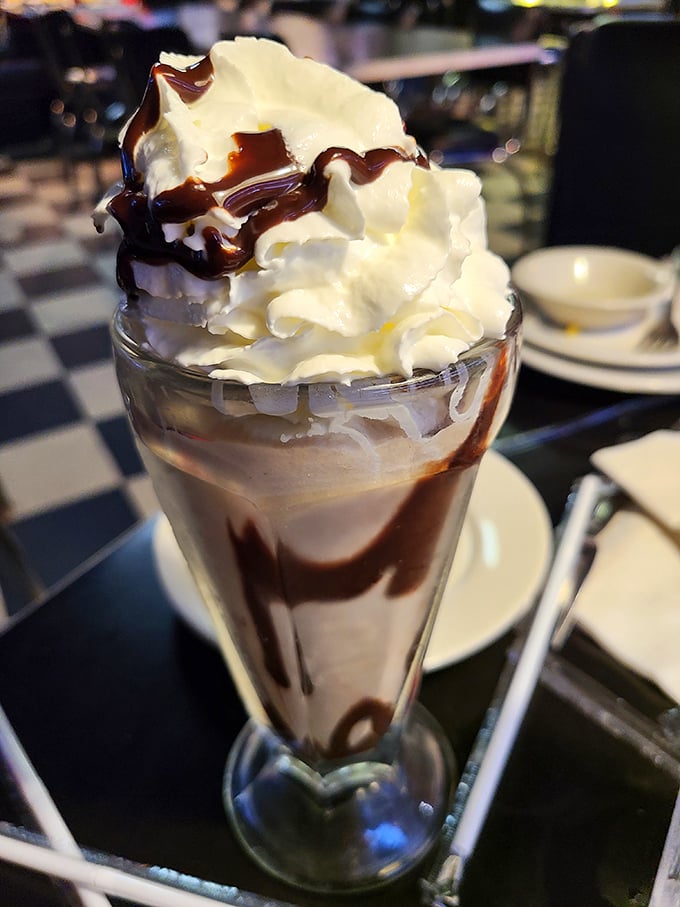 That's not just a milkshake—it's a monument to chocolate excess topped with whipped cream and nostalgia.