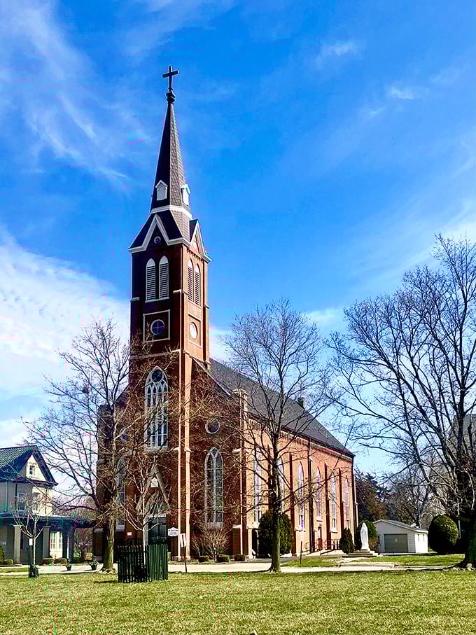 This isn't just another pretty steeple—it's architectural eye candy. The brick church stands as a testament to faith and craftsmanship in equal measure.