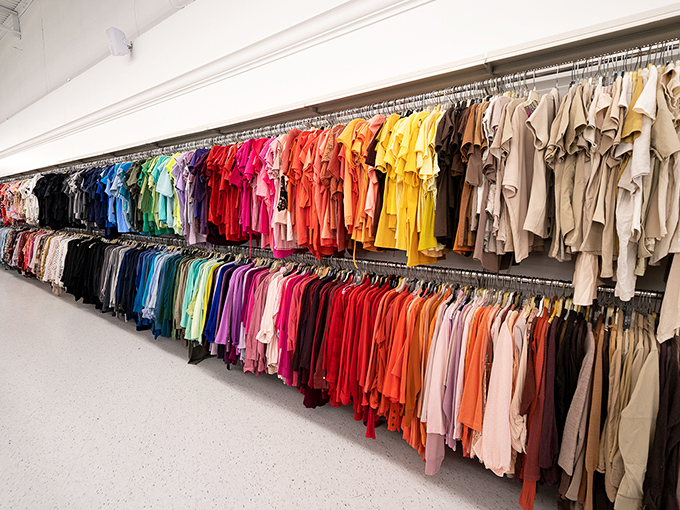 The color-coded clothing racks create an oddly satisfying spectrum that's part retail strategy, part accidental art installation.
