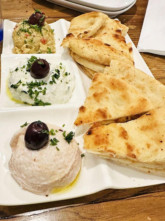 A trio of dips that tells stories of the Mediterranean – each one a creamy ambassador of Greek flavor, with warm pita standing by for the journey.