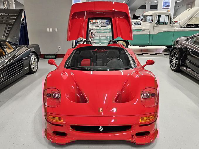 This Ferrari F50 flaunts its engine bay like a peacock shows its feathers – Italian engineering meant to be admired as much as the bodywork itself.