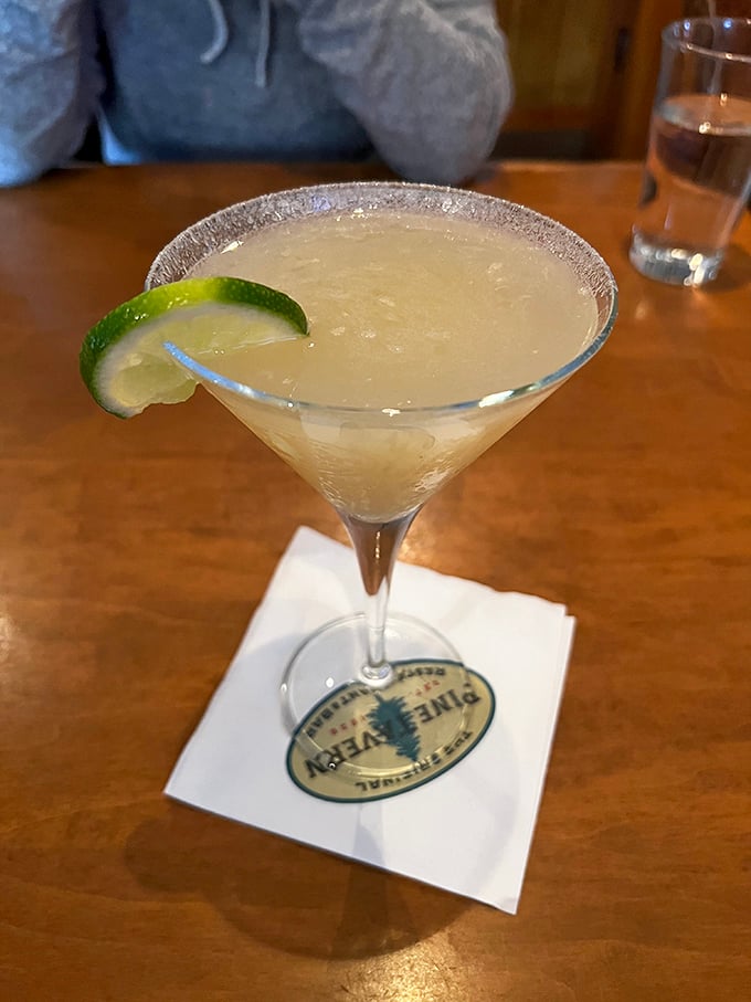 A frosty margarita with a salt-kissed rim and lime garnish—the perfect companion while watching the Deschutes River flow by.