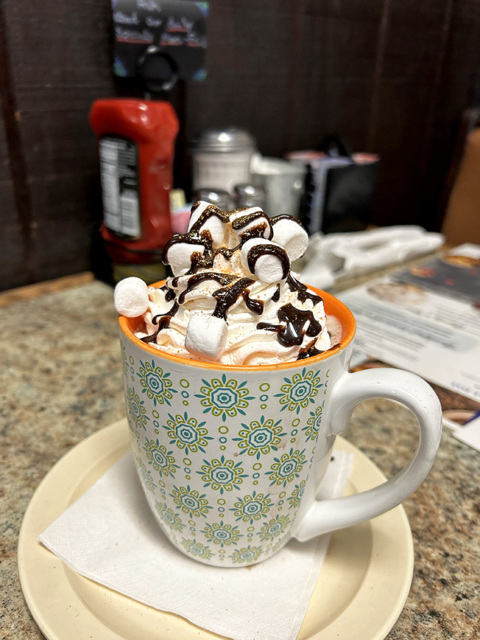Hot chocolate elevated to an art form—topped with a mountain of whipped cream, marshmallows, and chocolate drizzle. Childhood joy in adult-sized portions.