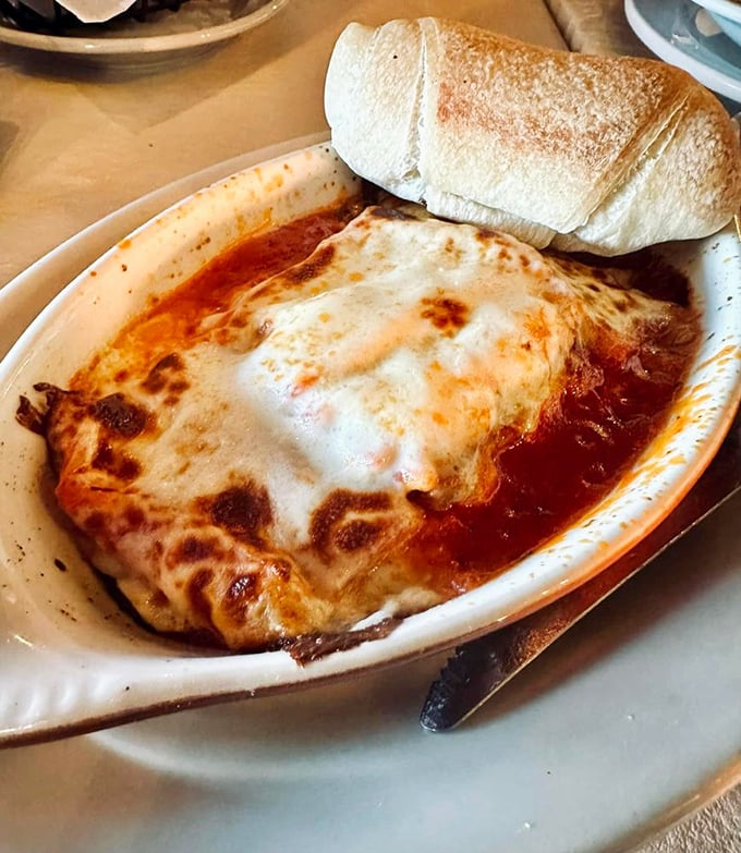 Lasagna that stands tall and proud, with cheese stretching into the stratosphere with each forkful—a proper Italian skyscraper.