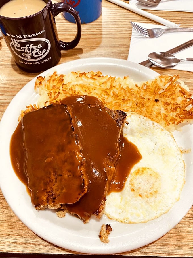 Comfort food that hugs your soul. This meatloaf and eggs plate with hash browns is what childhood memories wish they tasted like.