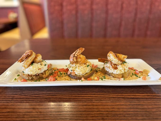 Shrimp perched atop fried green tomatoes like they've found their rightful throne. Southern comfort with Maryland flair.