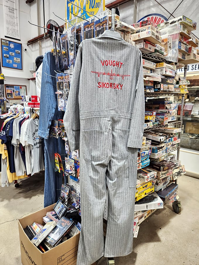 Not just planes—the museum houses artifacts like this Vought-Sikorsky coverall, a fashion statement that says "I'm ready to build something that defies gravity."