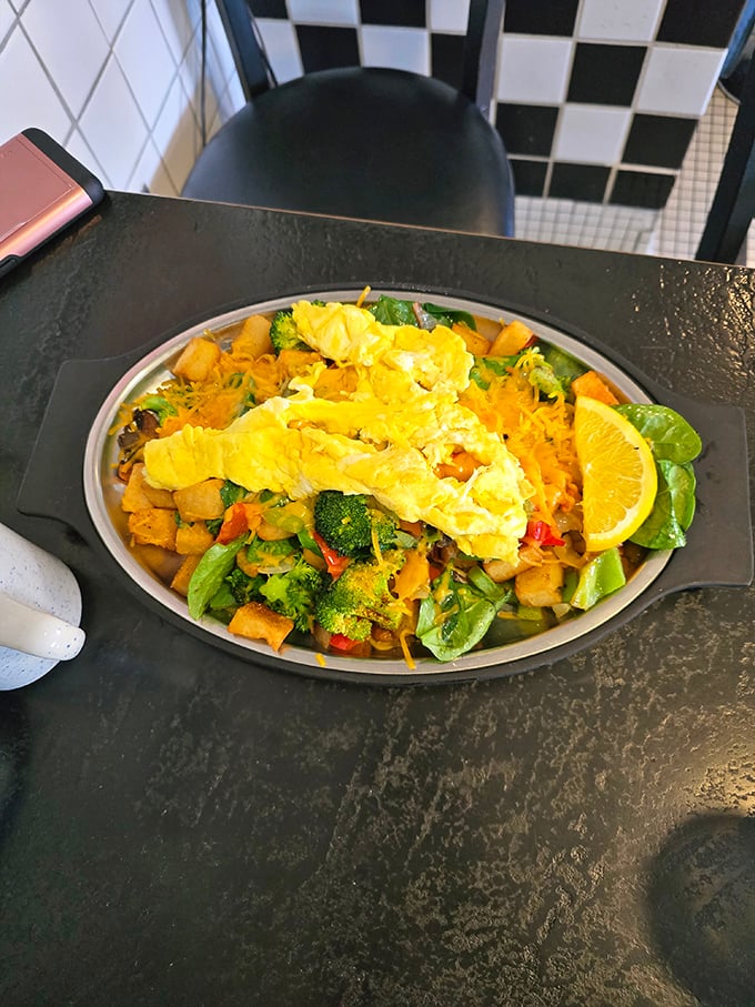 Garden-fresh veggies dance with eggs in this colorful skillet – proof that healthy choices at diners have evolved well beyond the sad side salad.