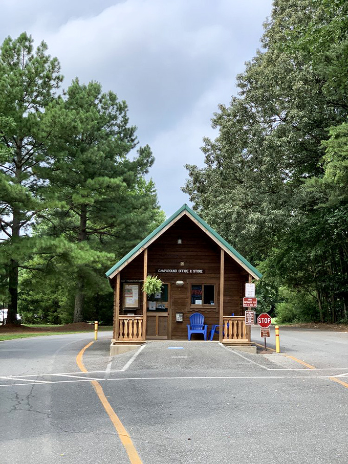 The campground office—rustic charm on the outside, all the information you need for adventure on the inside.