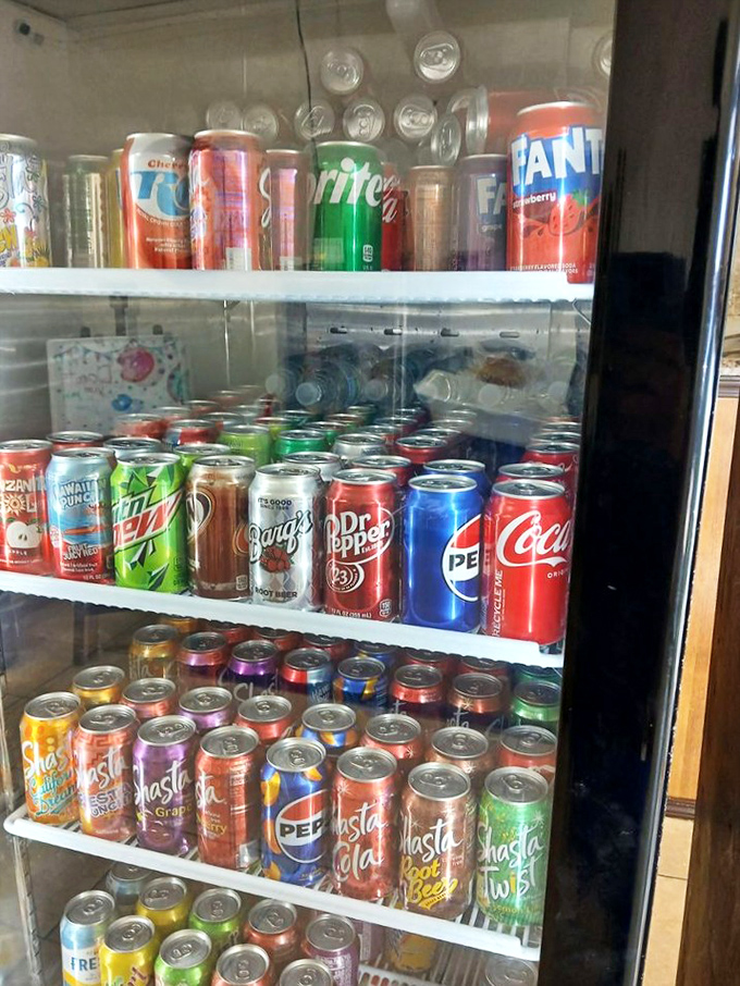 The beverage case – because even donut royalty needs proper hydration. That rainbow of cans offers the perfect sugar-laden companion.