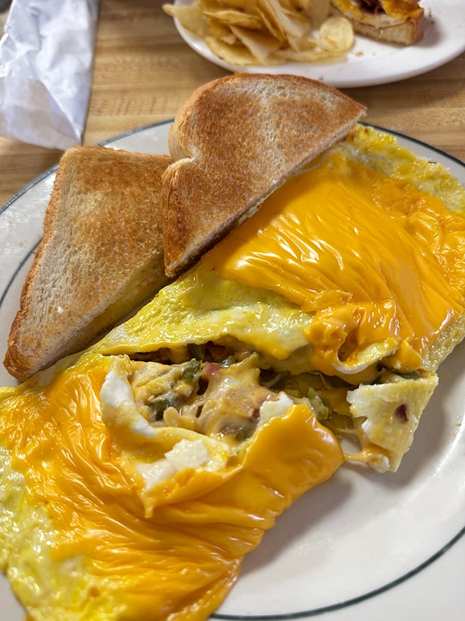 This isn't just an omelet – it's a treasure chest of breakfast goodness where the X marks the spot with perfectly melted cheese.