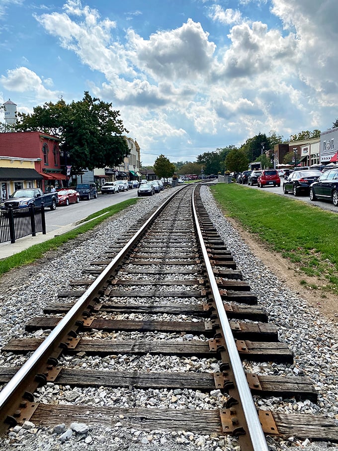 Railroad tracks stretching into the distance—the original American highway. These steel ribbons literally put Midway on the map in 1832.