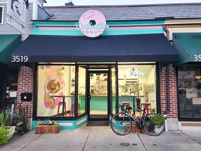 Destination Donuts' mint-green storefront is like finding an oasis of sweetness in the urban landscape.