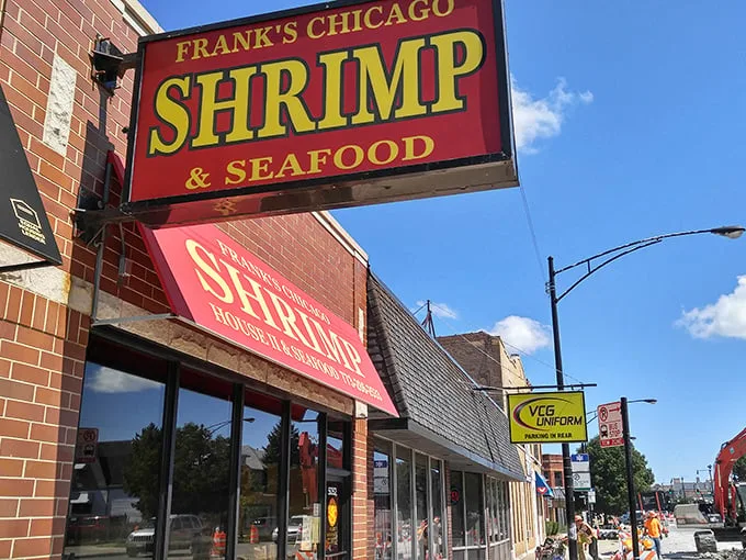 Frank's bold red signage cuts through Chicago's visual noise with a simple promise: incredible shrimp awaits inside this humble storefront.
