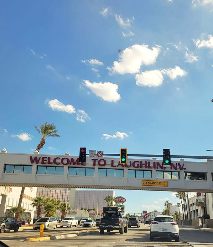 "Welcome to Laughlin" spans the roadway like a friendly handshake – inviting retirees to this riverside bargain paradise.
